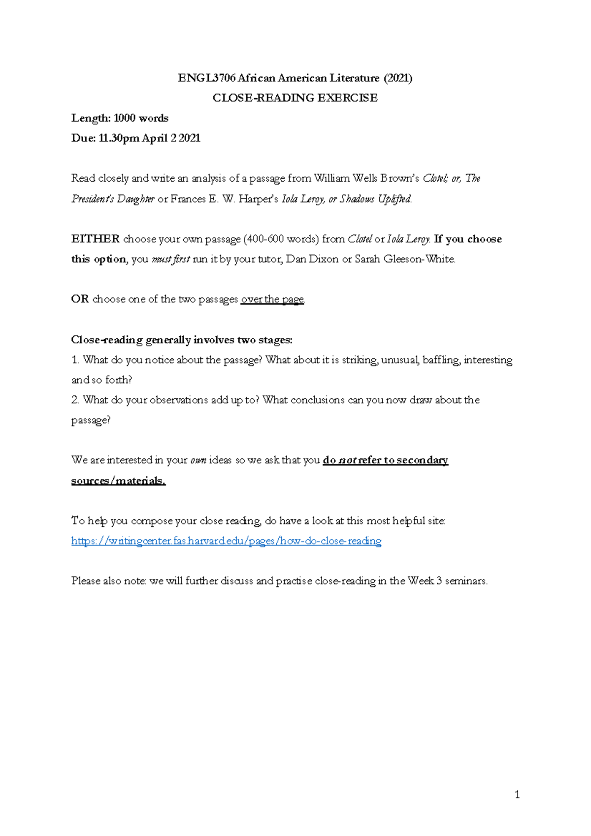 Close Reading Task 2021 v1-1 - ENGL3706 African American Literature ...