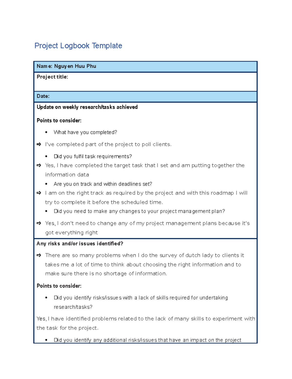 Log book 1 - good - Project Logbook Template Name: Nguyen Huu Phu ...