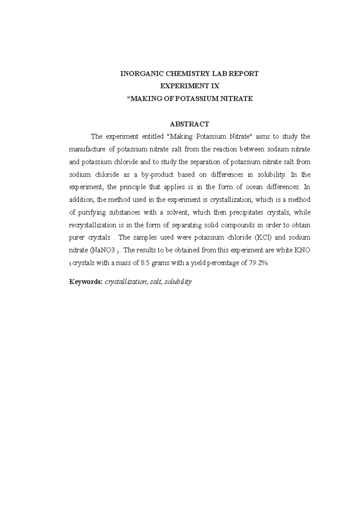 Lab9 Making of a Potassium Nitrate - INORGANIC CHEMISTRY LAB REPORT ...