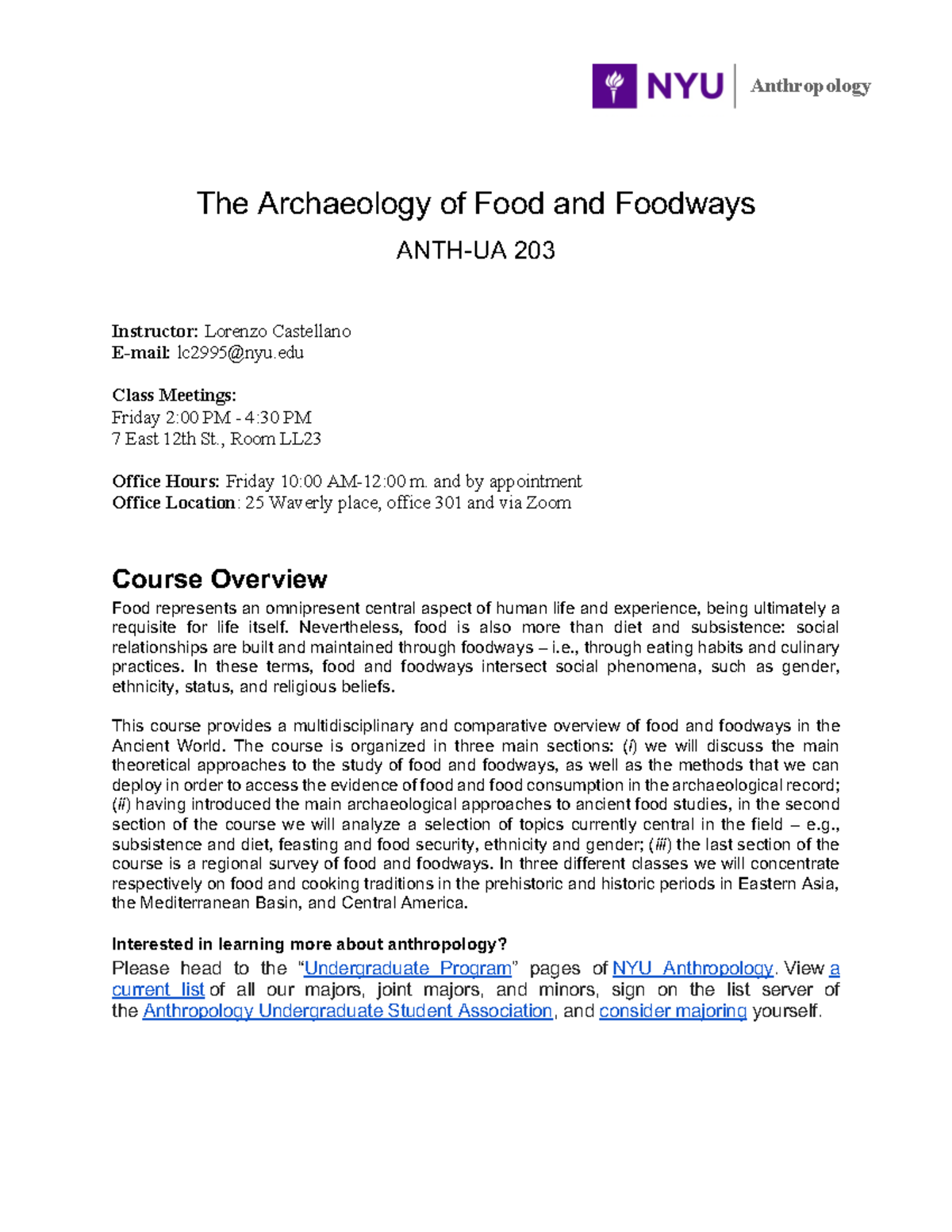 The Archaeology of Food and Foodways ANTH-UA 203 - Anthropology The ...