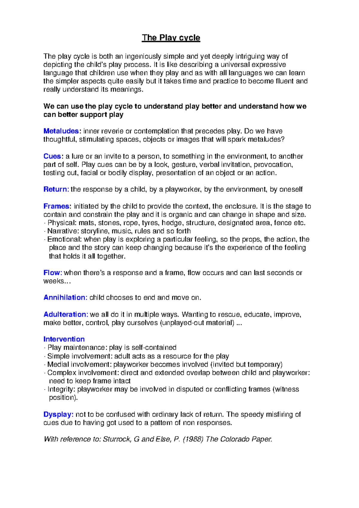 The play Cylcle - Summary Human Movement Studies - The Play cycle The ...