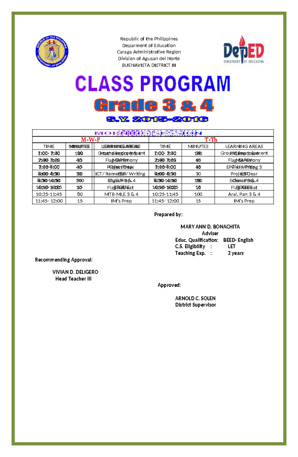 Class Program Mary Ann 2016 - Republic of the Philippines Deparment of ...