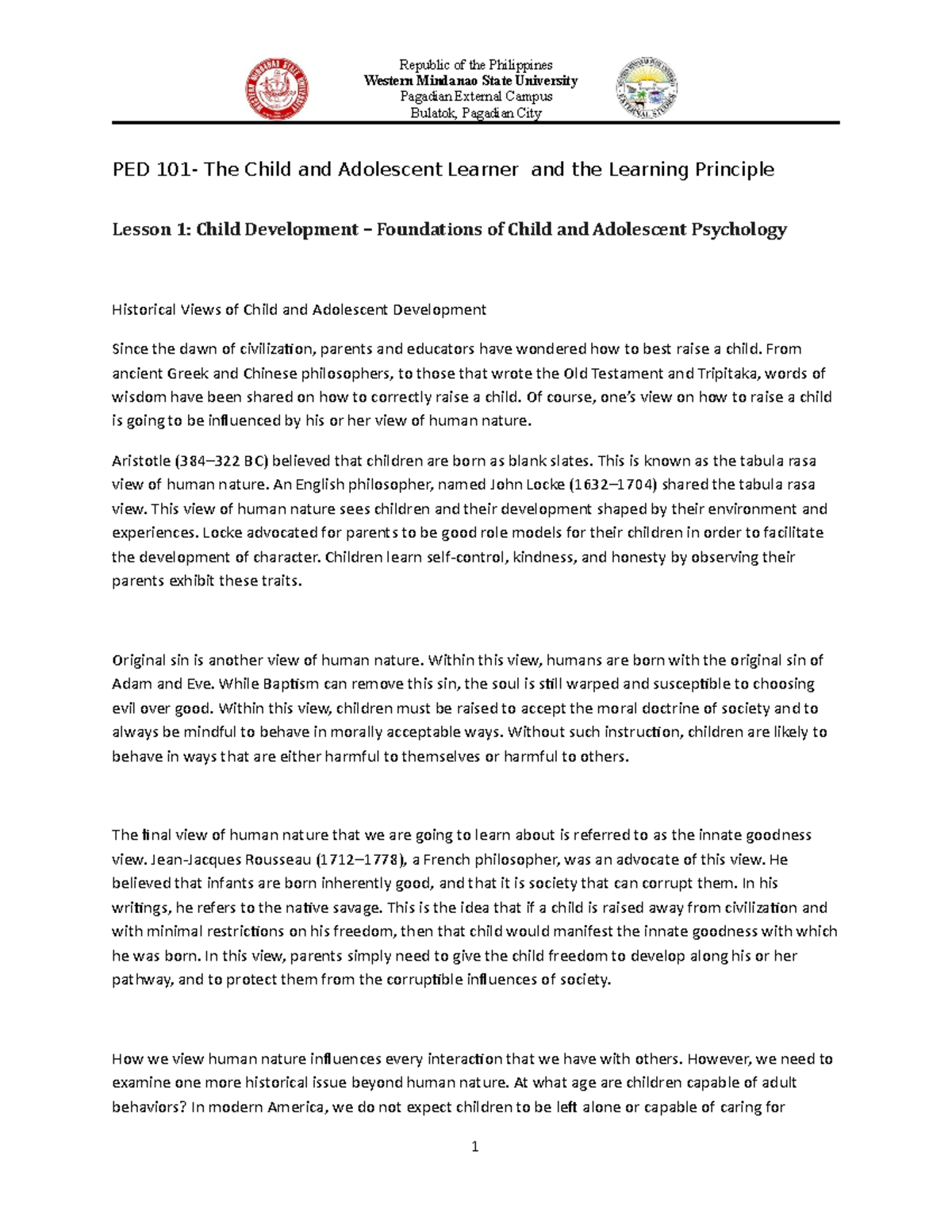 PED 101 Lesson 1 - Republic of the Philippines Western Mindanao State ...