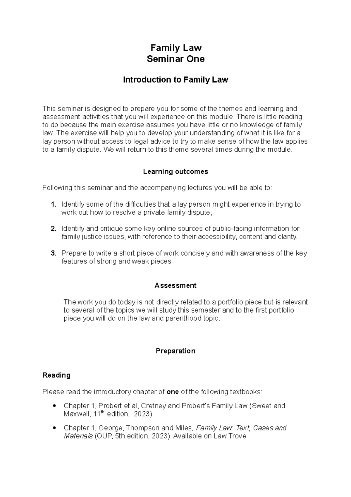 Seminar 1 - Family Law Seminar One Introduction to Family Law This ...