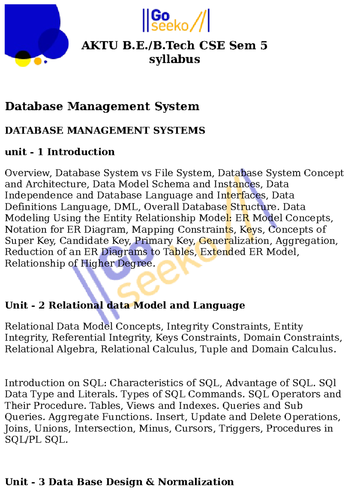 Cse Sem 5 Syllabus Zzz Aktu Beb Cse Sem 5 Syllabus Database