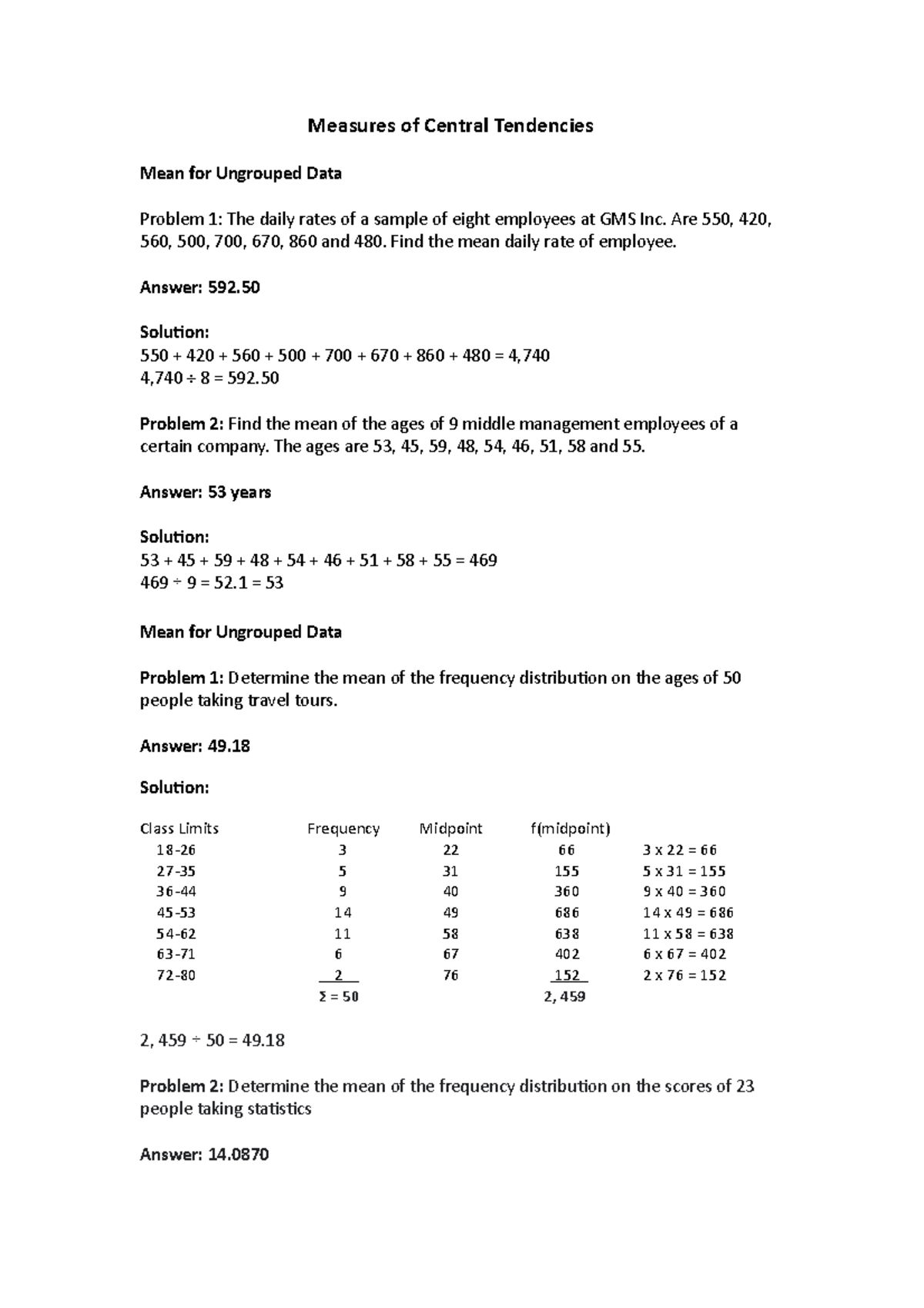 Mean For Grouped And Ungrouped Data Measures Of Central Tendencies