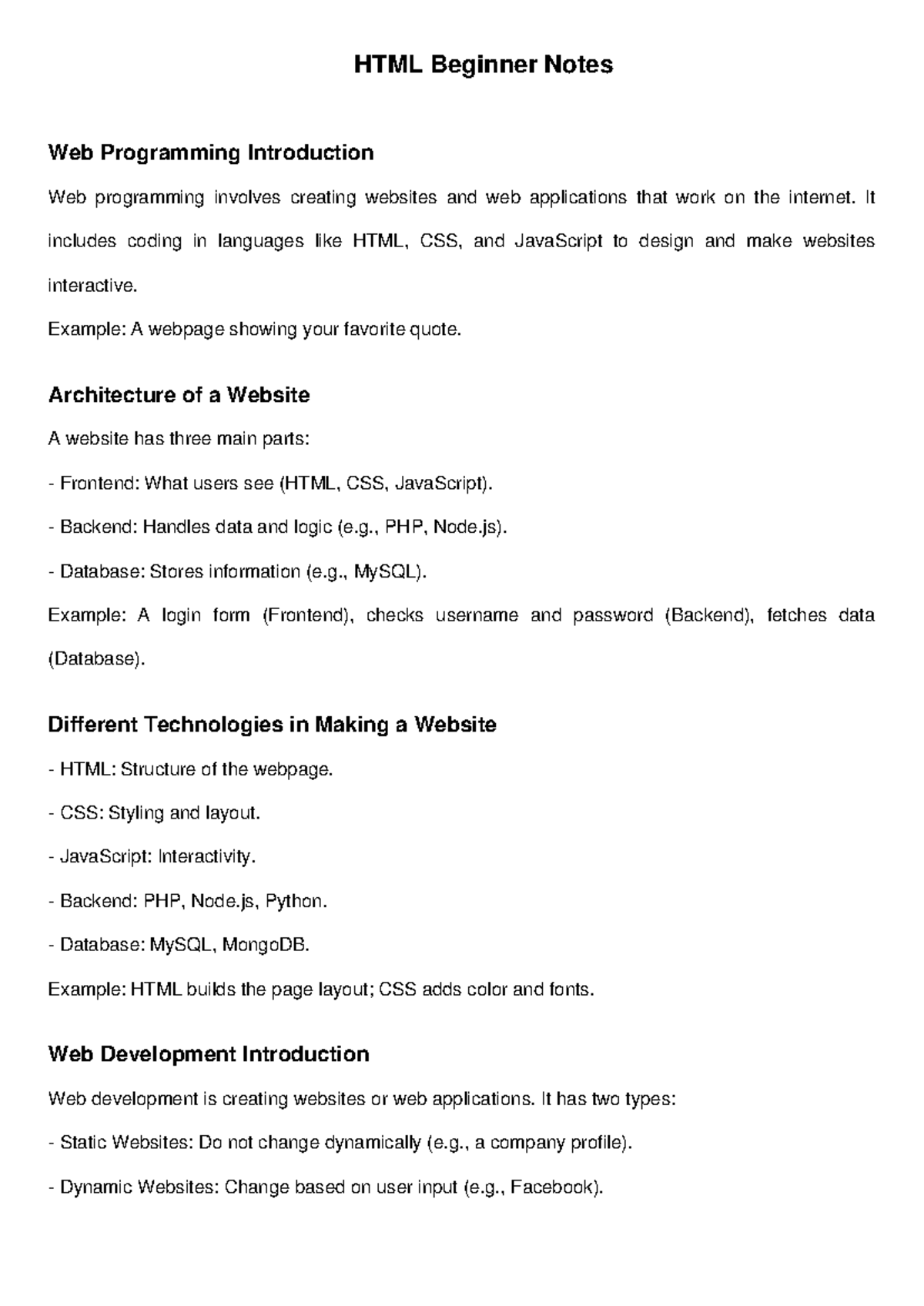 HTML Beginner Notes Updated - HTML Beginner Notes Web Programming ...