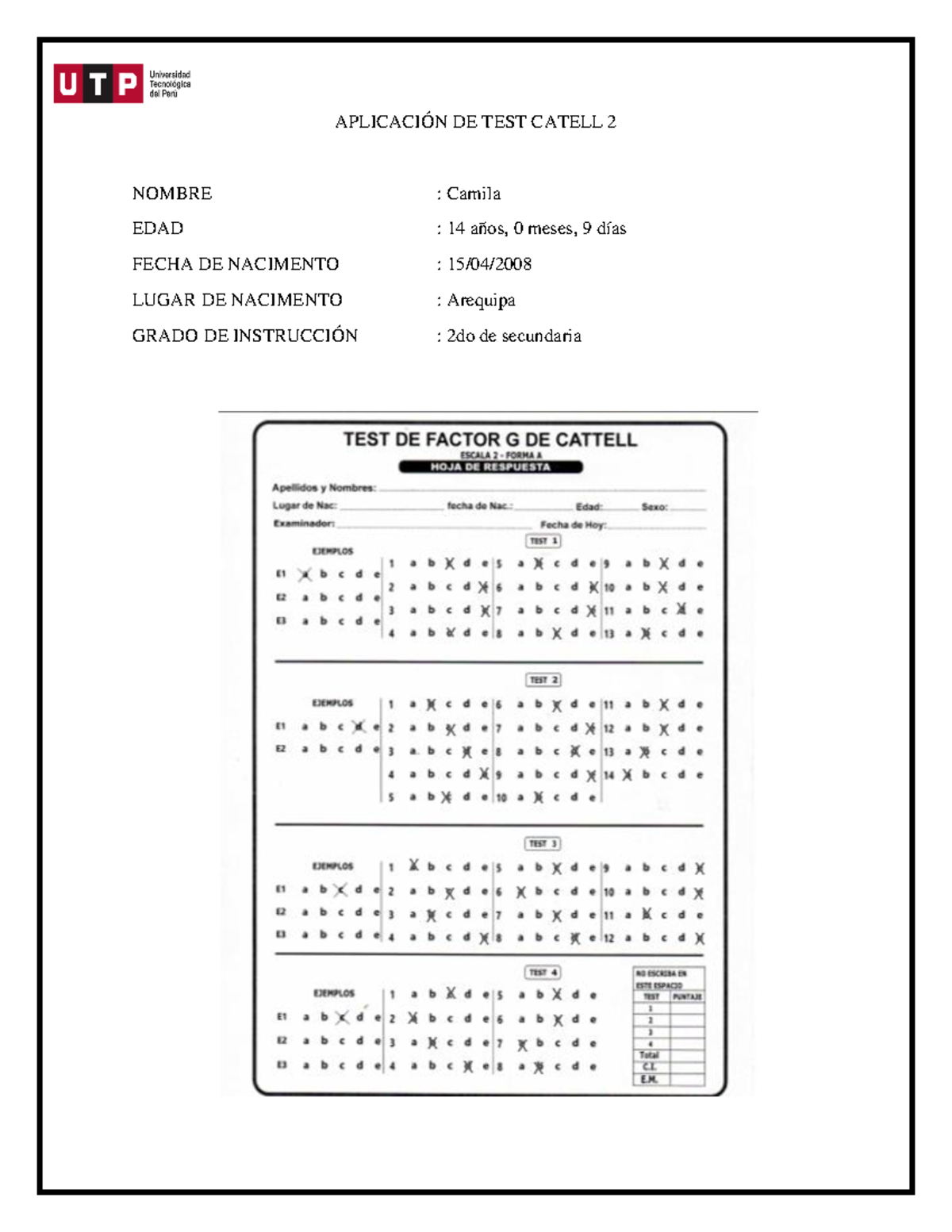 Aplicación DE TEST Catell 2 - APLICACIÓN DE TEST CATELL 2 NOMBRE ...