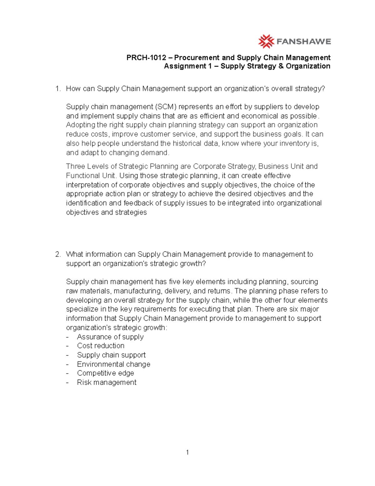 Assignment 1 - Supply Strategy and Organization - PRCH-1012 – Procurement and Supply Chain - Studocu