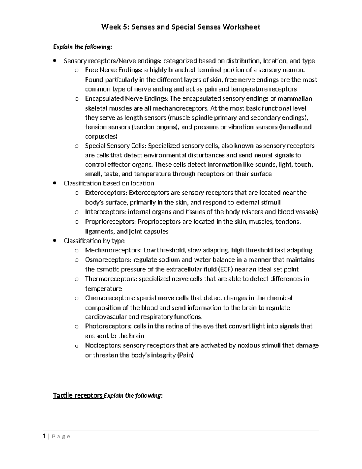 BIO 252 W5 Worksheet competed - Explain the following: Sensory ...
