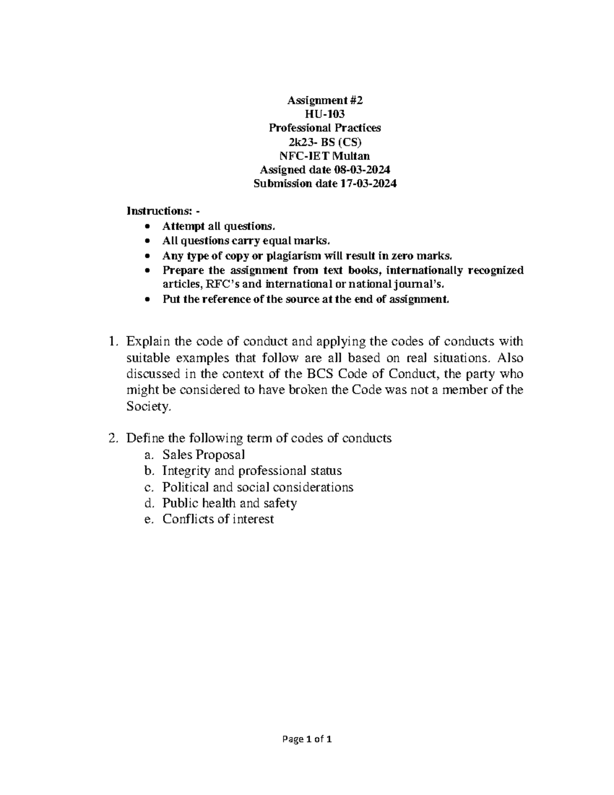 Assignment 2 Professional Practices 04-10-2023 - Page 1 of 1 Assignment HU- Professional ...