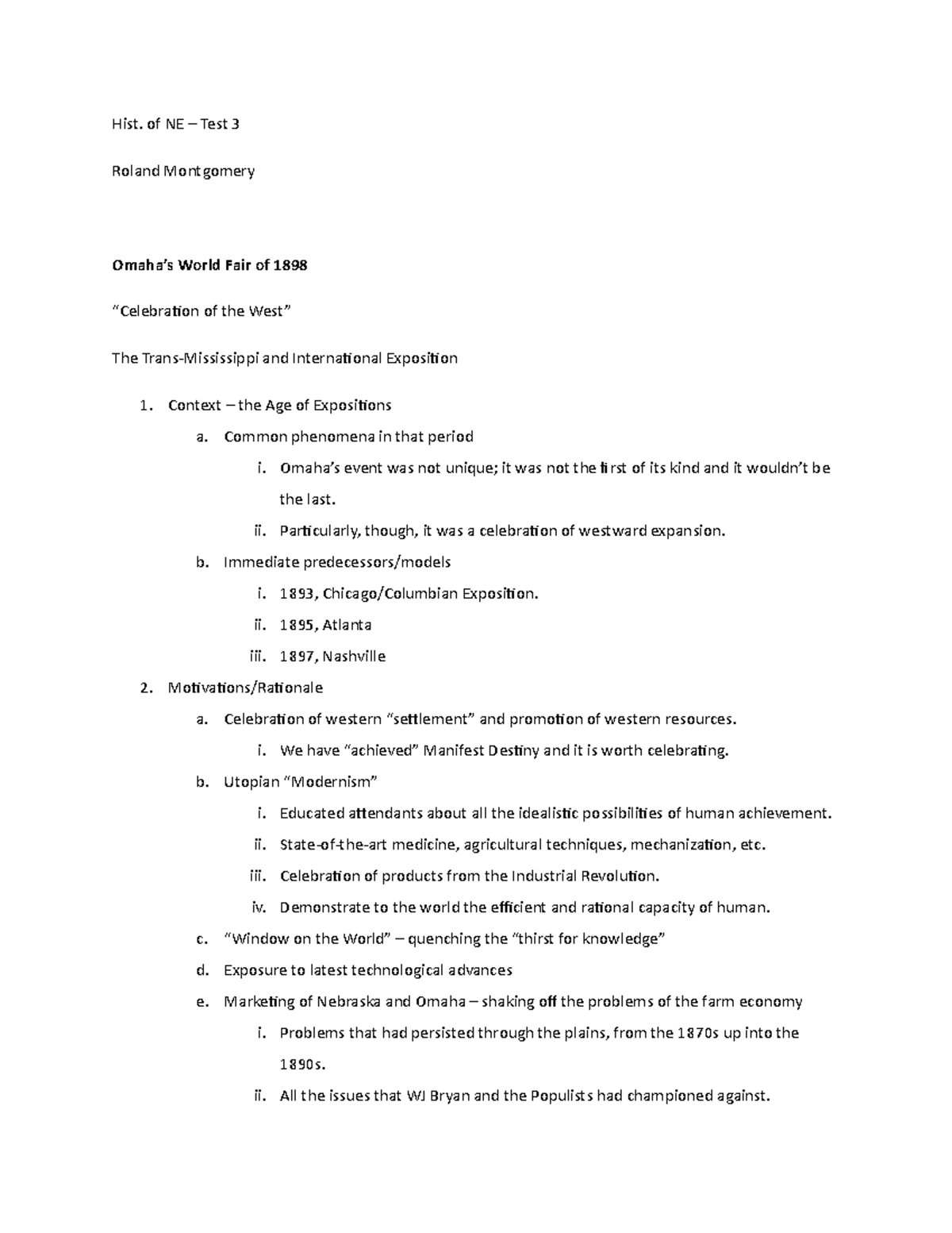 NE Hist Test 3 - Lecture Notes - Hist. of NE – Test 3 Roland Montgomery ...