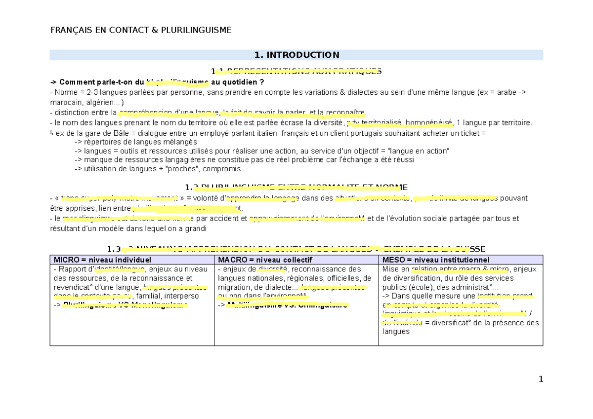 Résumé Plurilinguisme - 1. INTRODUCTION 1 REPRESENTATIONS AUX PRATIQUES ...