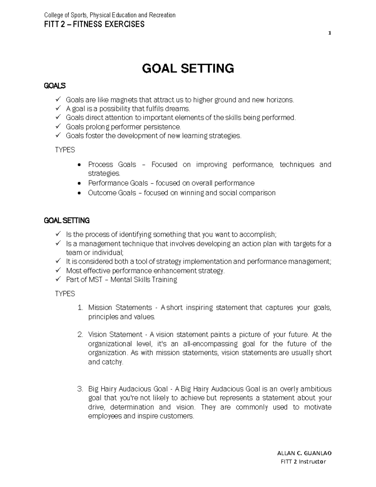 FITT-2- Handouts - FITT 2 – FITNESS EXERCISES 1 ALLAN C. GUANLAO GOAL ...