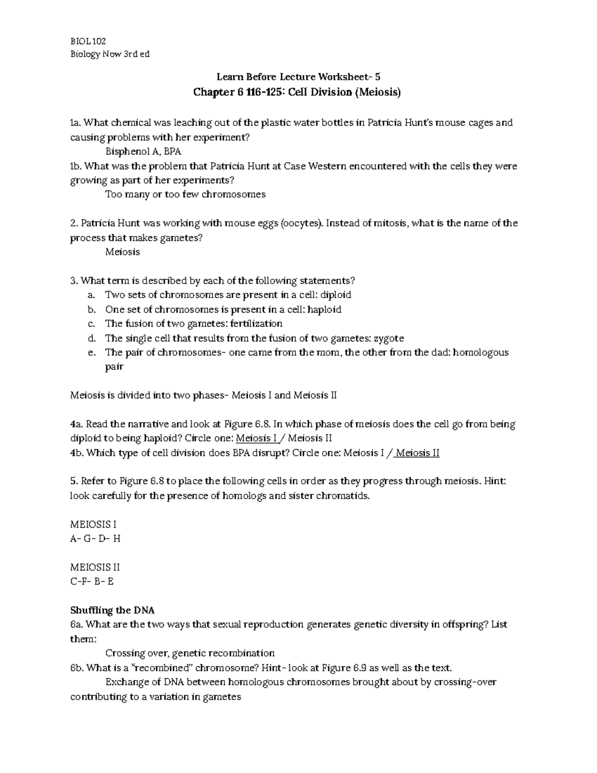 LBL- 5 Ch. 6- Cell Division (Meiosis) - BIOL 102 Biology Now 3rd ed ...