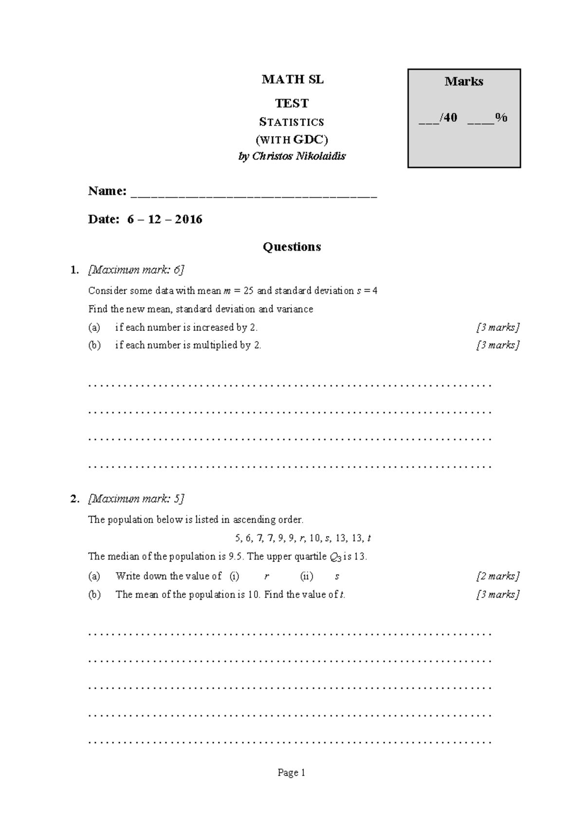 TEST 1. Statistics (2016 ) - MATH SL TEST STATISTICS (WITH GDC) by ...