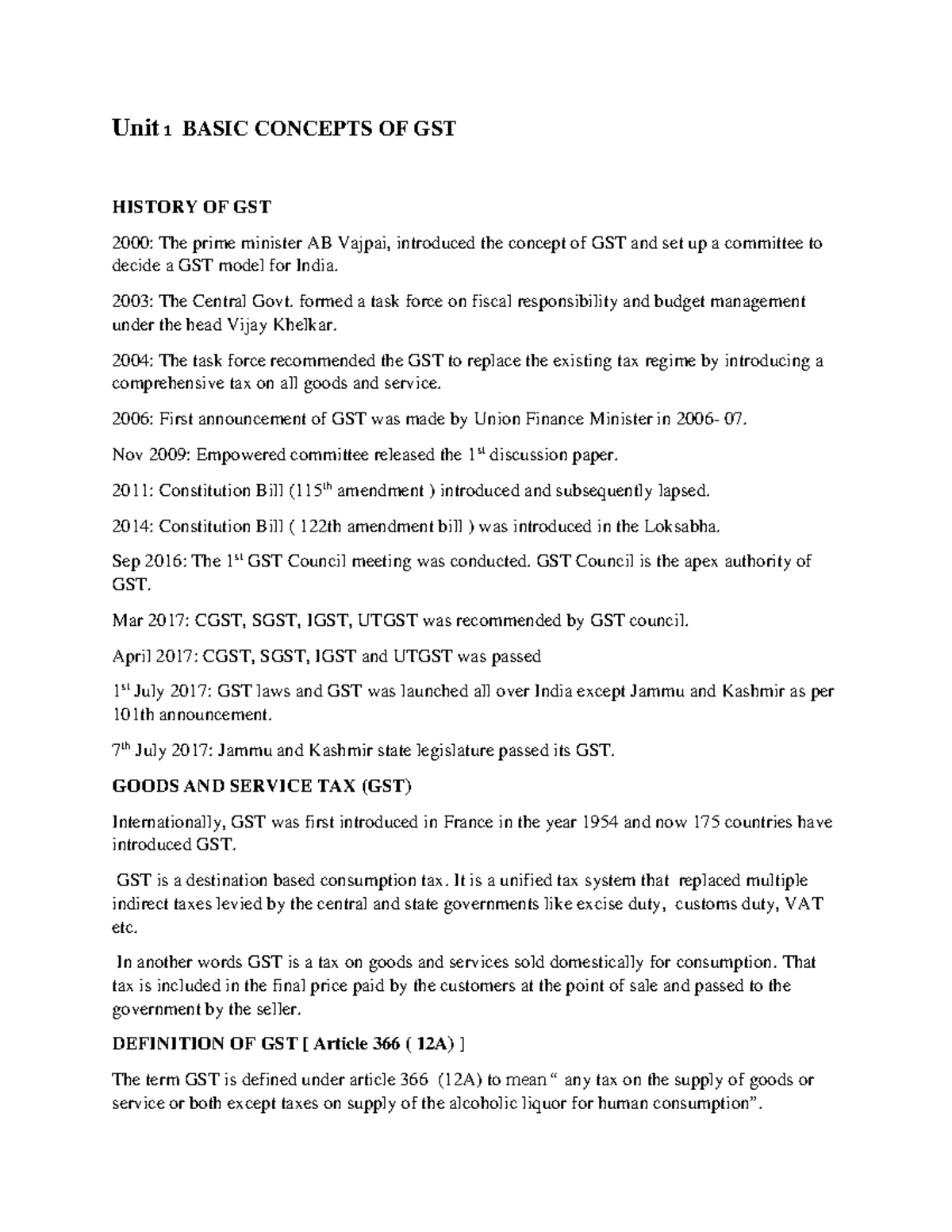 GST 1ST AND 2ND Module - Easy notes - Unit 1 BASIC CONCEPTS OF GST ...