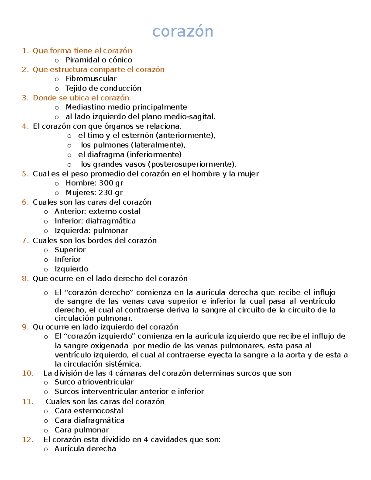 Cuestionario de corazon - corazón Que forma tiene el corazón o ...