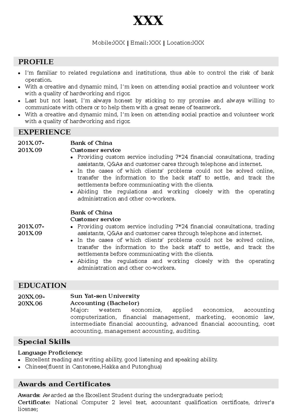 CV Sample 02 - ssss - Awards: Awarded as the Excellent Student during ...