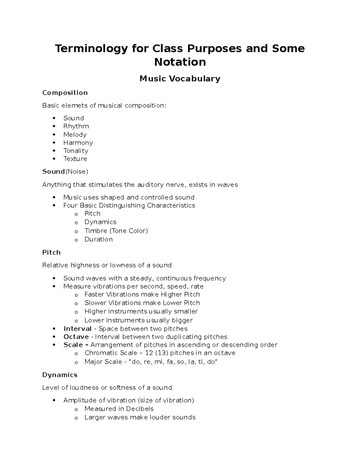 Music Vocab - Terminology for Class Purposes and Some Notation Music ...