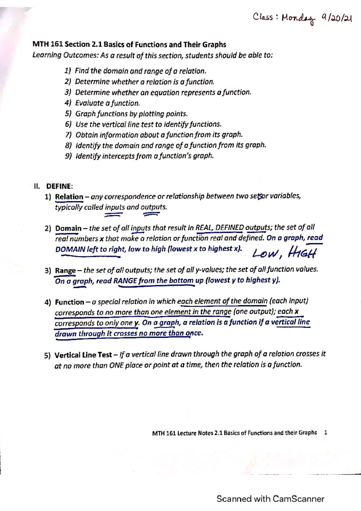 MTH 161 Scanned 2.1 9-20-21 - Class: Monday MTH 161 Section 2 Basics of Functions and Their ...