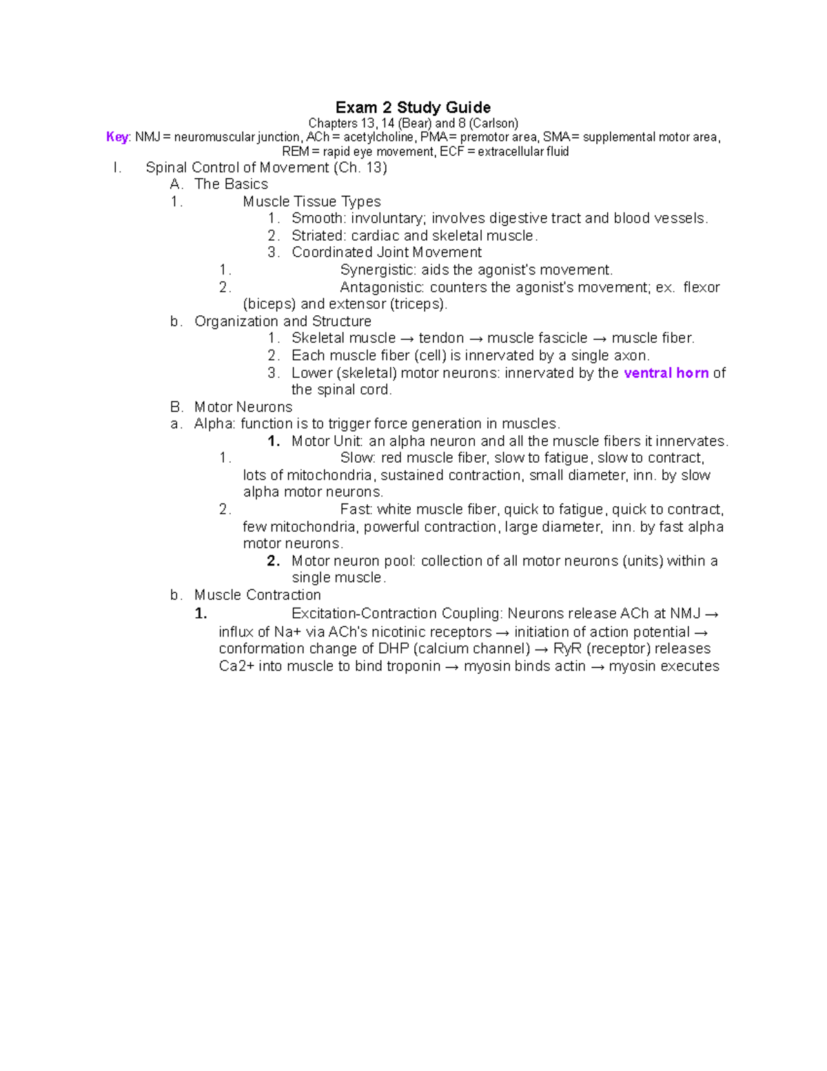 Brain Functions 1 - Exam 2 Study Guide Chapters 13, 14 (Bear) and 8 ...