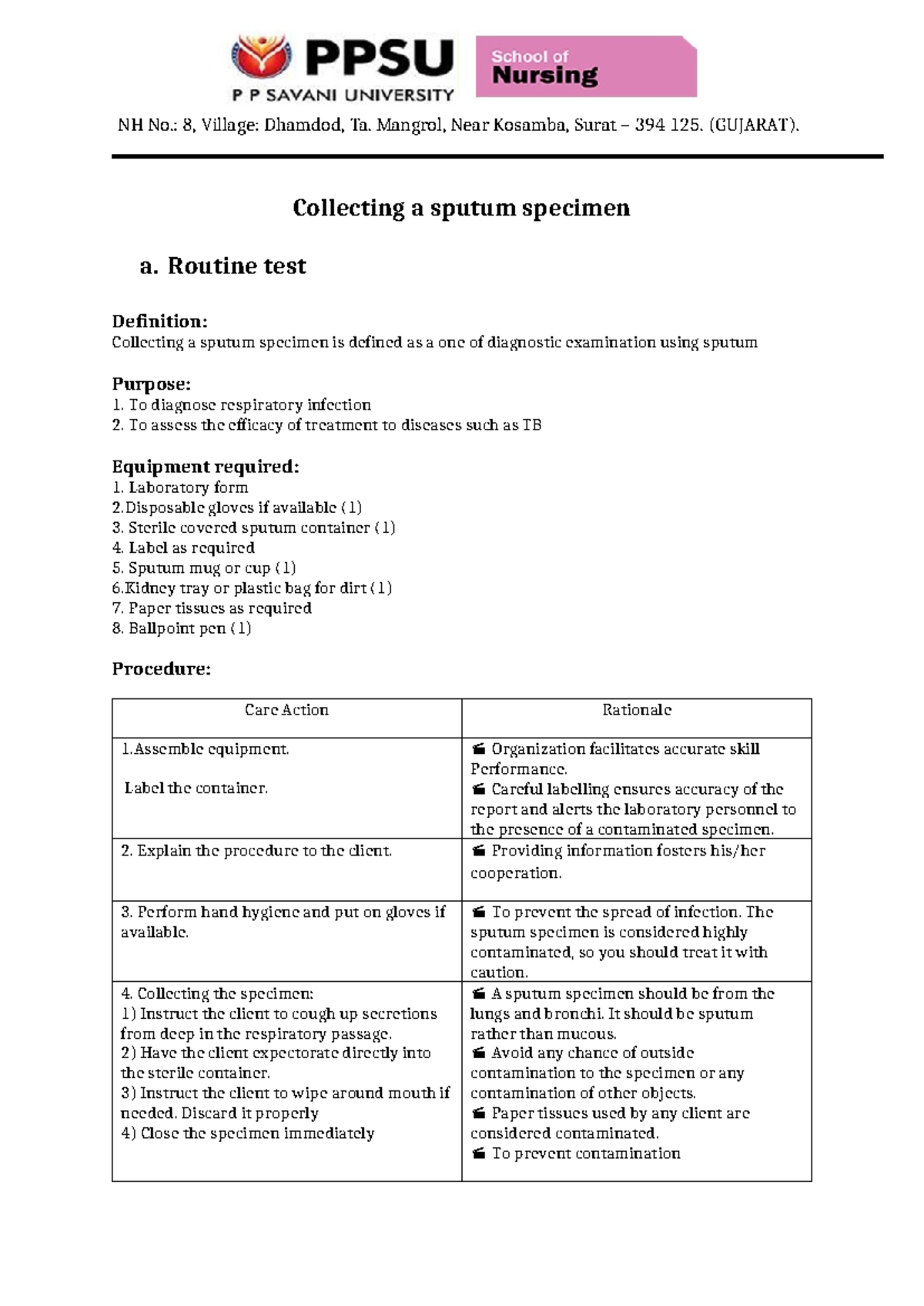 Sputum collection procedure - NH No.: 8, Village: Dhamdod, Ta. Mangrol ...