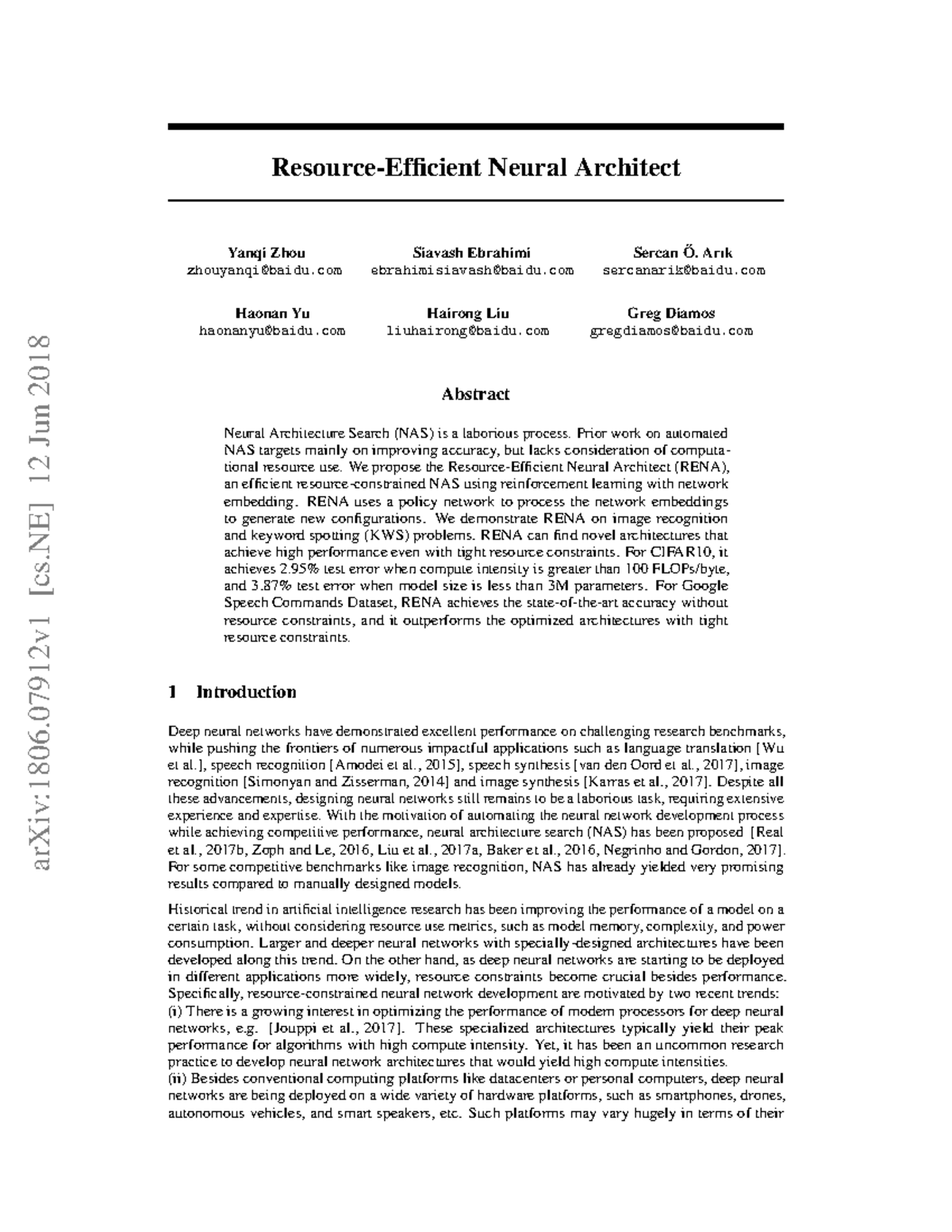 Resource-Efficient Neural Architect - Arık sercanarik@baidu Haonan Yu haonanyu@baidu Hairong Liu ...