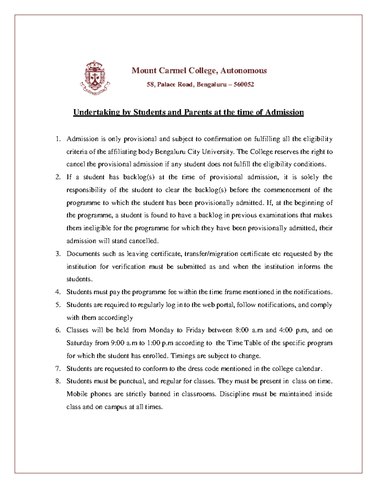 Undertaking BY Candidate 24 - Mount Carmel College, Autonomous 58, Palace Road, Bengaluru ...