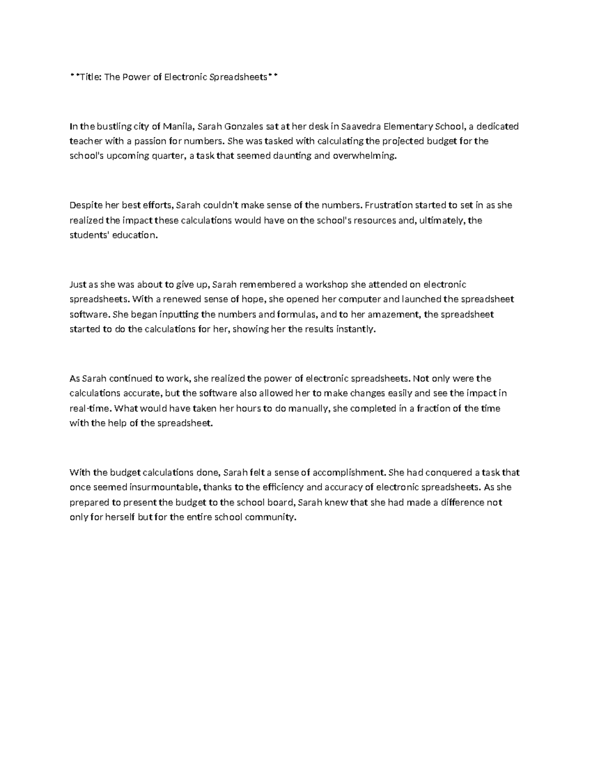 Short story TLE - Title: The Power of Electronic Spreadsheets In the ...