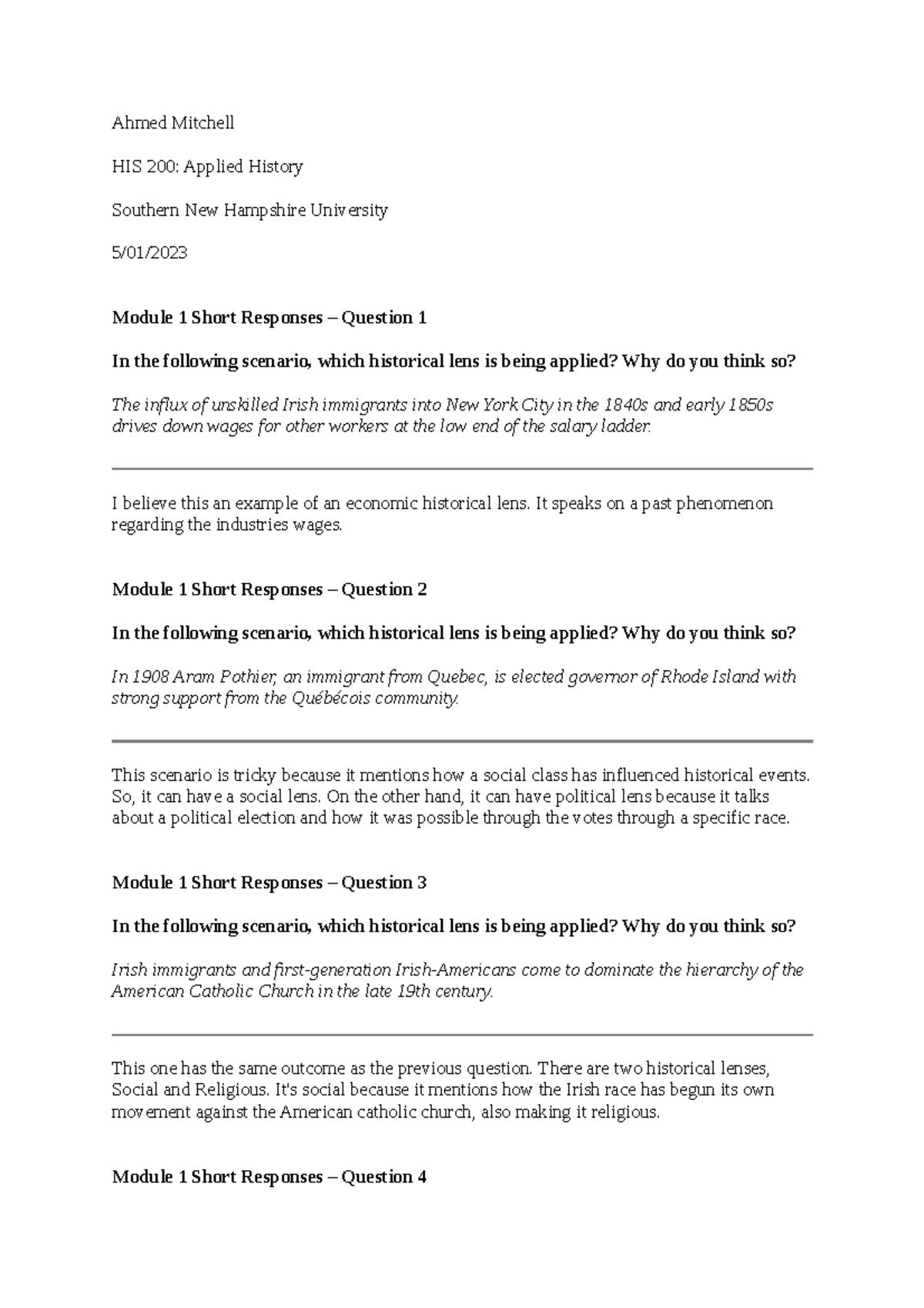 Applied History Short Responses: Historical Lens and Research Questions ...