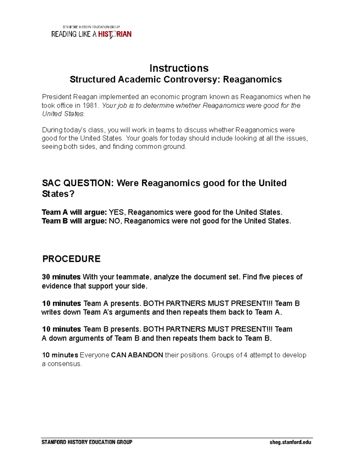 Copy of SAC Reaganomics Student Materials - Instructions Structured ...