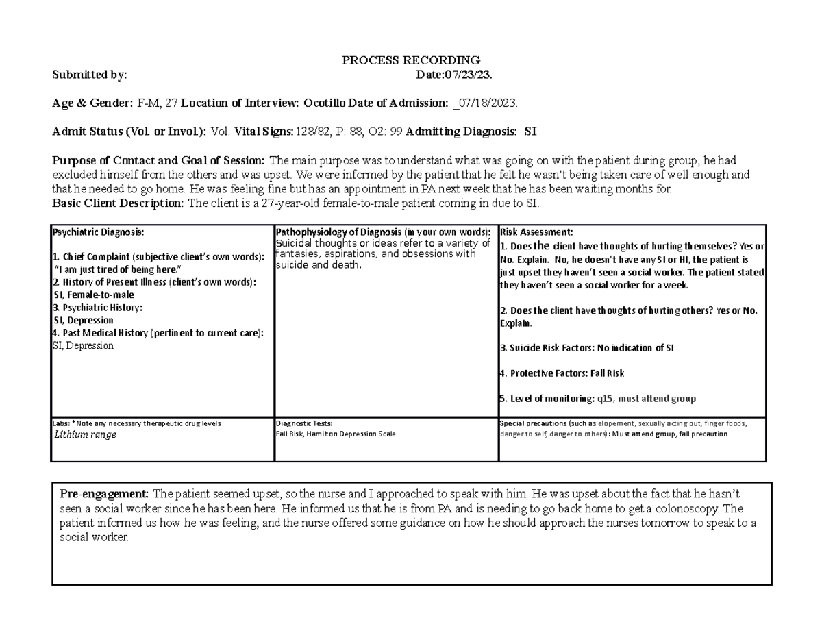 Process Recording 2 - PROCESS RECORDING Submitted by: Date:07/23/23. Age & Gender: F-M, 27 - Studocu