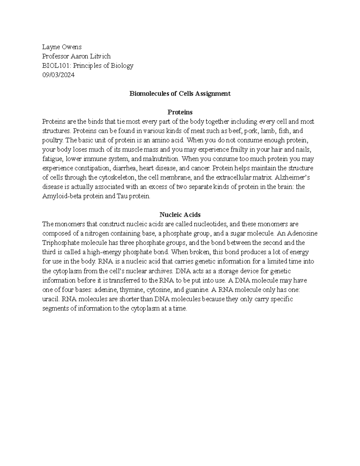 Biomolecules of Cells Assignment - Layne Owens Professor Aaron Litvich ...