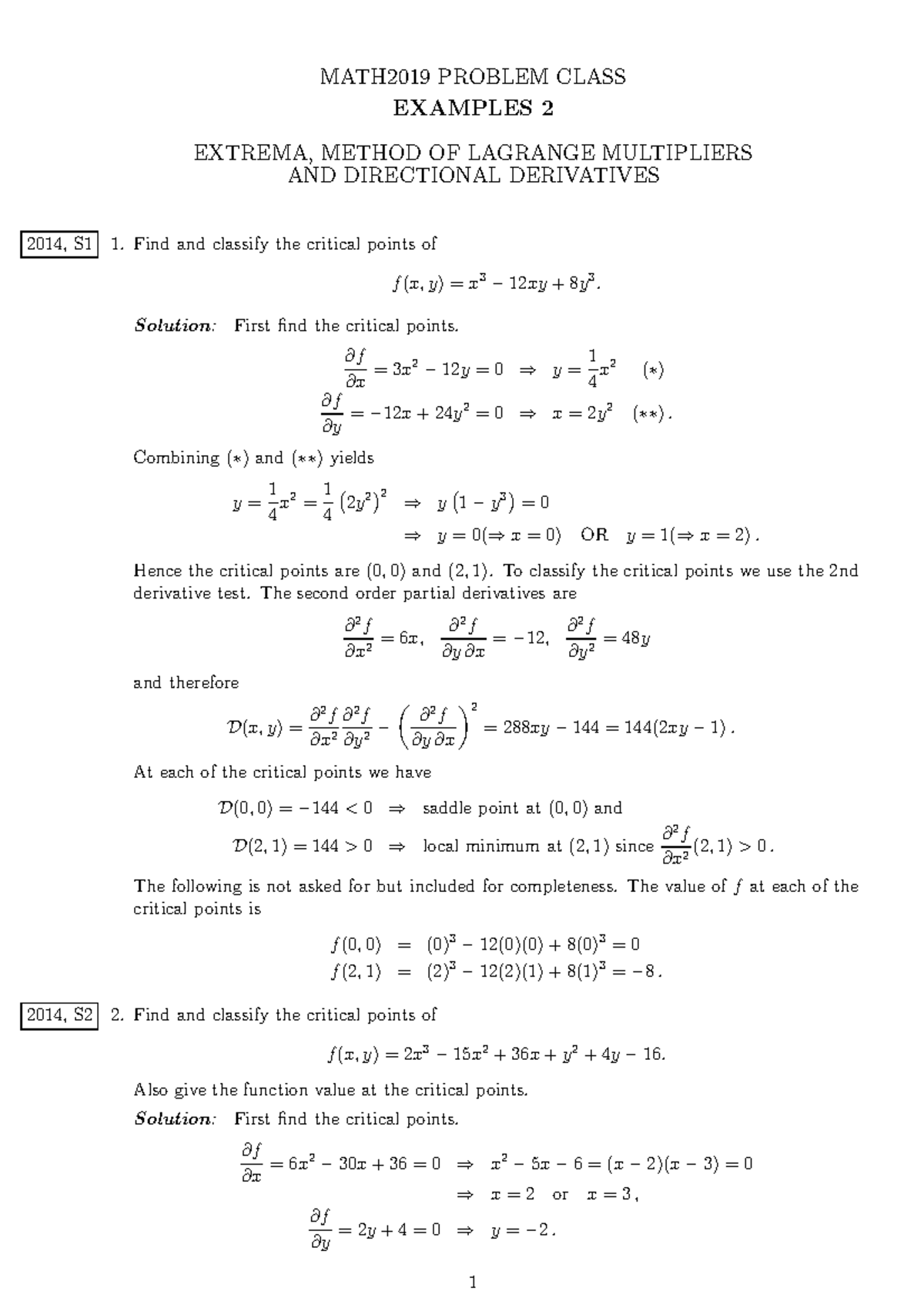Problemclass 2 sol - MATH2019 PROBLEM CLASS EXAMPLES 2 EXTREMA, METHOD OF LAGRANGE MULTIPLIERS ...