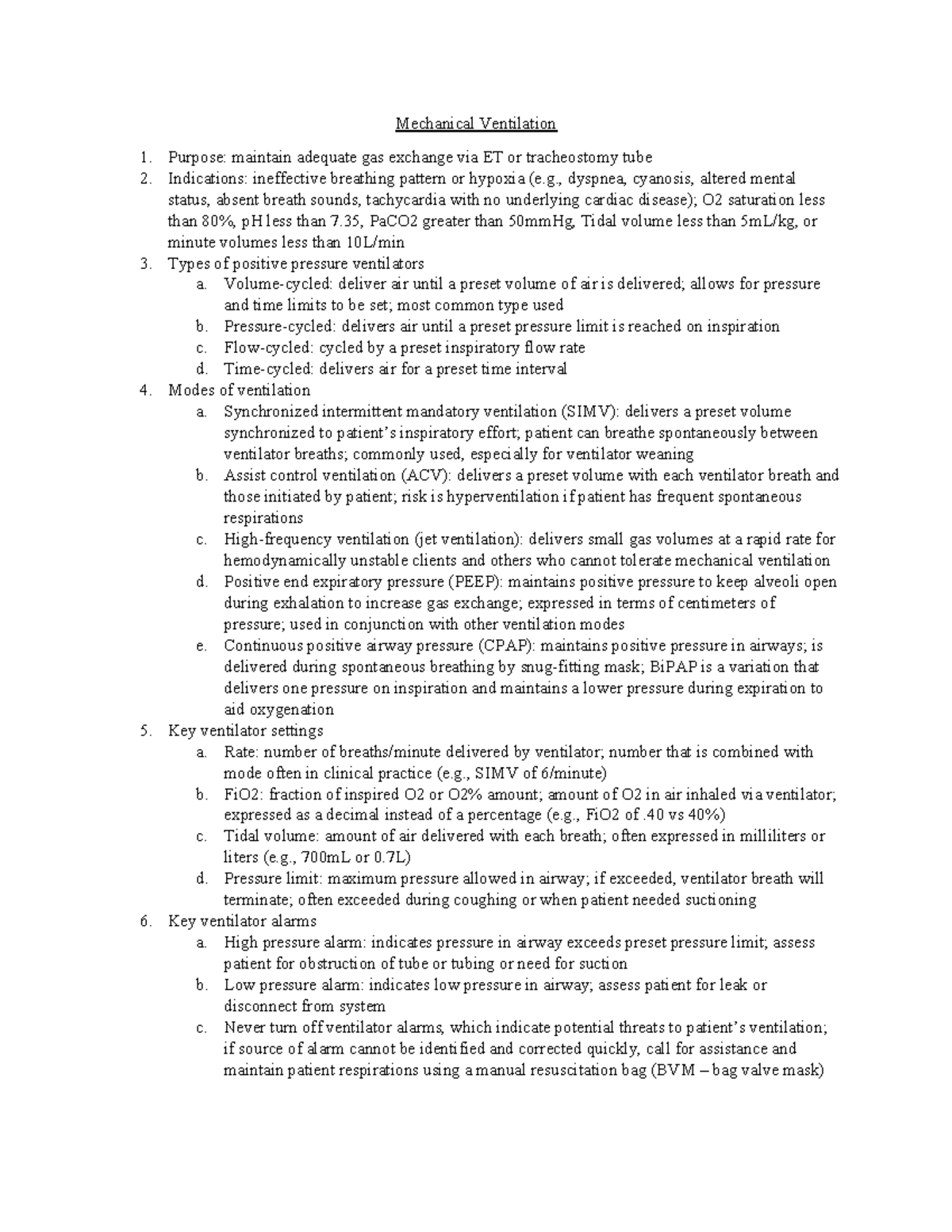 Mechanical Ventilation cheat sheet and tips - Mechanical Ventilation Purpose: maintain adequate ...