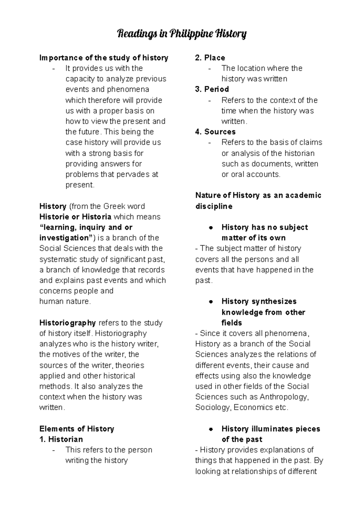 SS1C Lecture - notes - Reading i Philippin Histor Importance of the ...