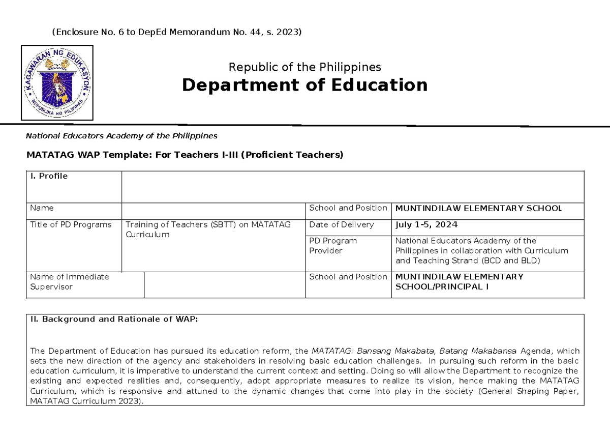 WAP- Matatag - sadasdasdas - (Enclosure No. 6 to DepEd Memorandum No ...