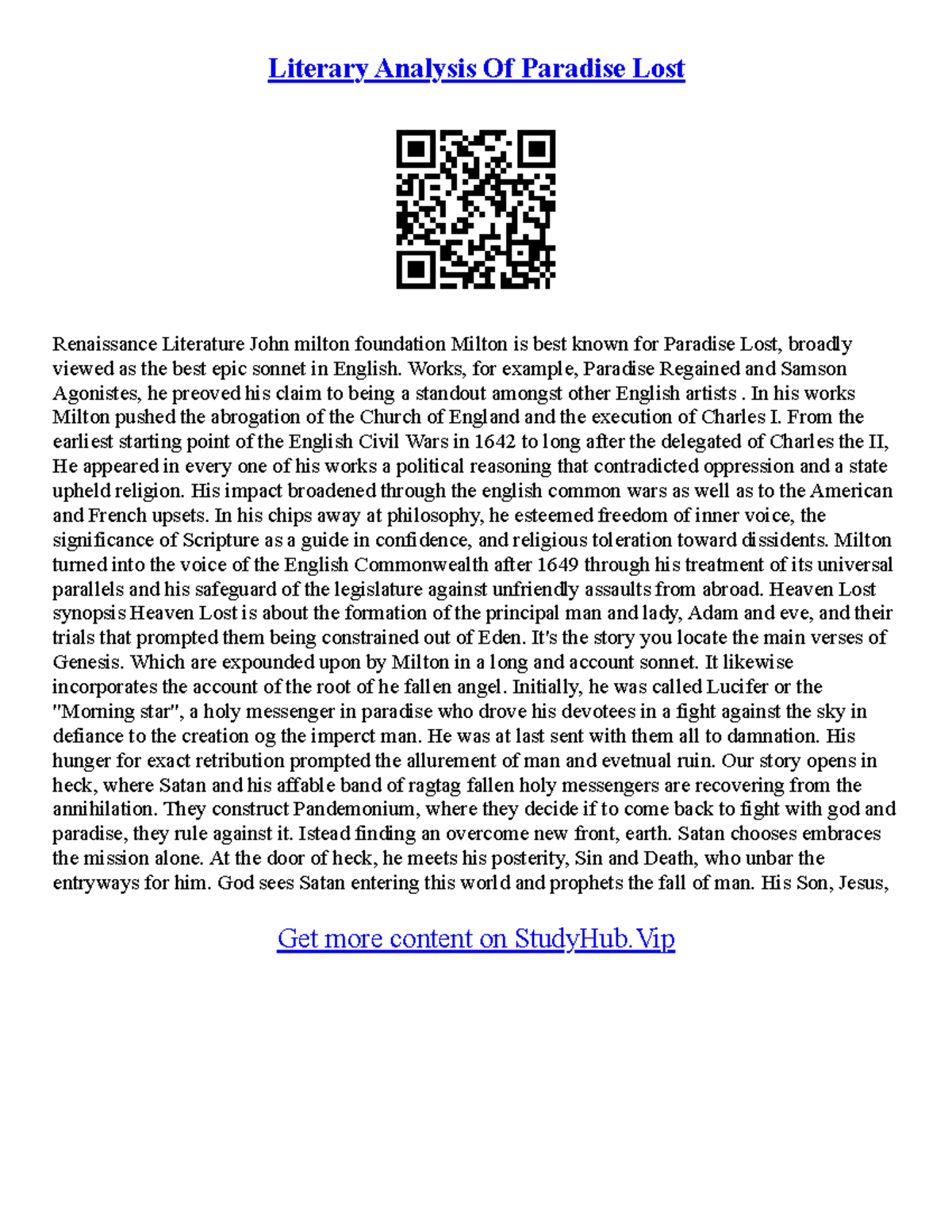 Literary Essay Example - Literary Analysis Of Paradise Lost Renaissance ...