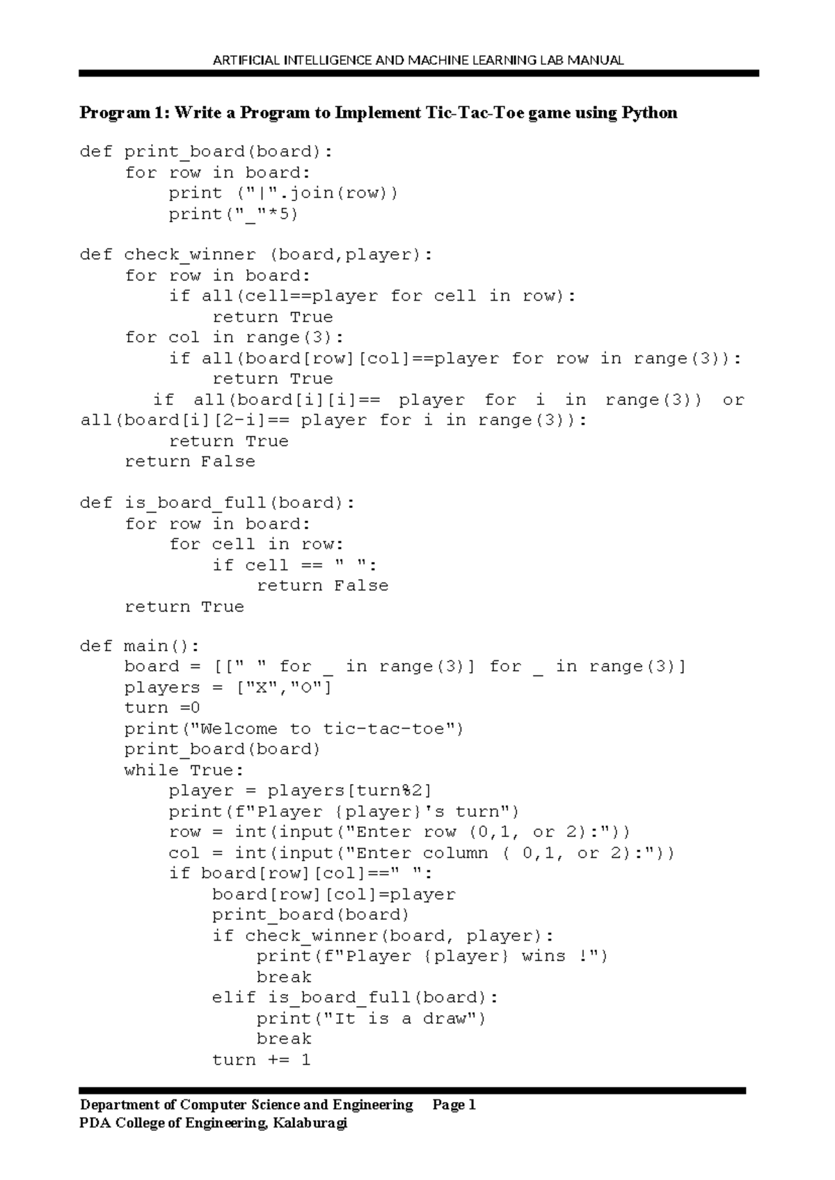 Lab manual - Program 1: Write a Program to Implement Tic-Tac-Toe game using Python def - Studocu