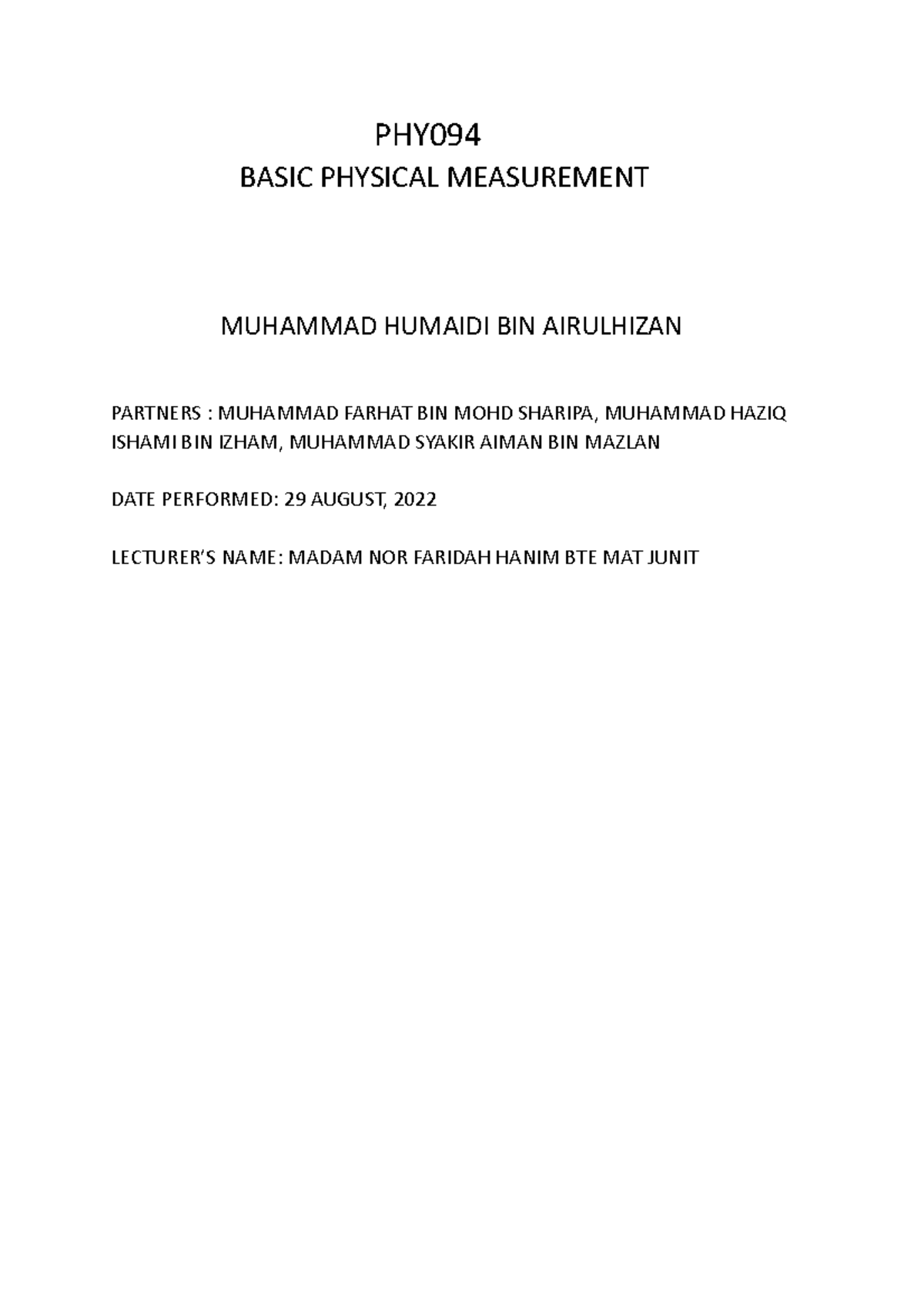 PHY094 - HOPE ITS HELP OTHER STUDENT - PHY BASIC PHYSICAL MEASUREMENT MUHAMMAD HUMAIDI BIN - Studocu