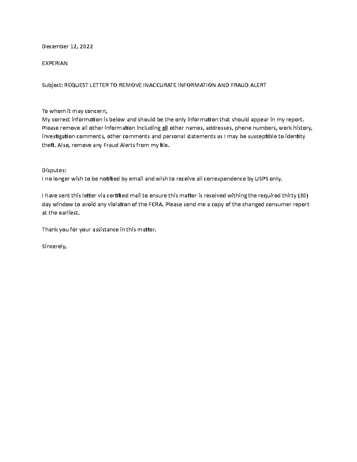 Disputes Cleanup - Finances - December 12, 2022 EXPERIAN Subject ...