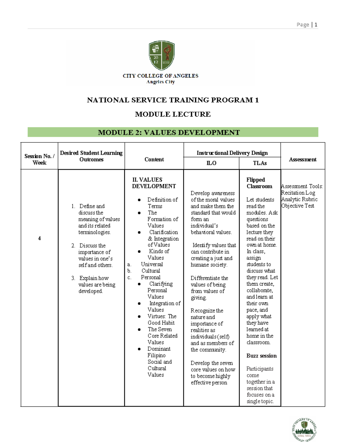 Module II Values Development - NATIONAL SERVICE TRAINING PROGRAM 1 ...
