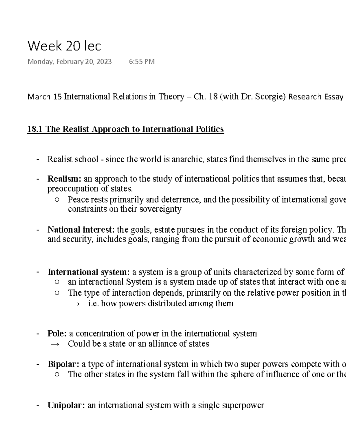 Week 20 lec - International Relations in Theory - March 15 International Relations in Theory ...