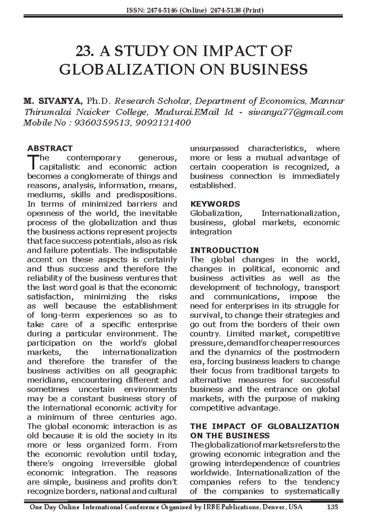 A Study On Impact Of Globalization On Business - ISSN: 2474-5146 ...