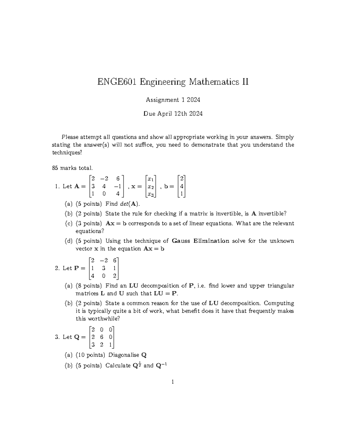 ENGE601-Assn1-S1-2024-1 - ENGE601 Engineering Mathematics II Assignment ...