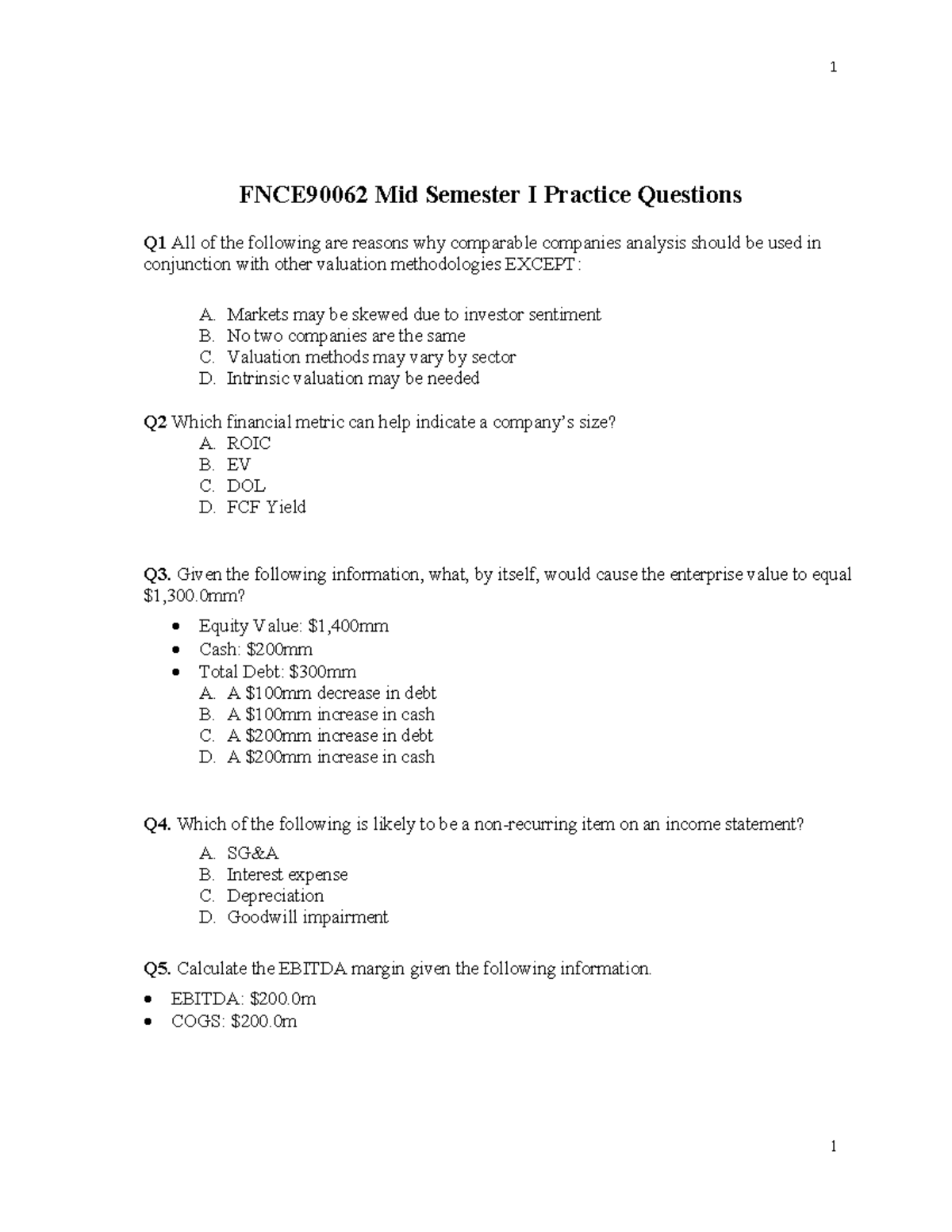 MSI Practice Questions-1 - FNCE90062 Mid Semester I Practice Questions ...