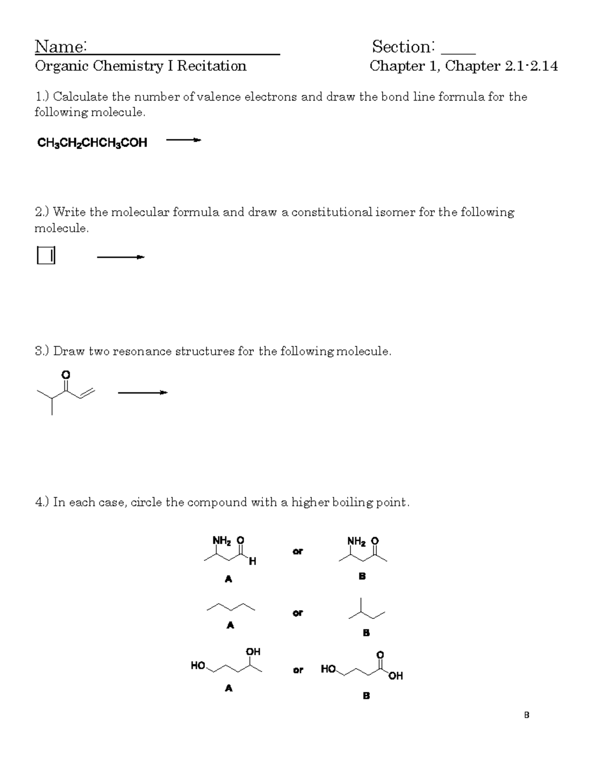 Week 3 Recitation - Week 3 - B Name: Section: ____ Organic Chemistry I ...