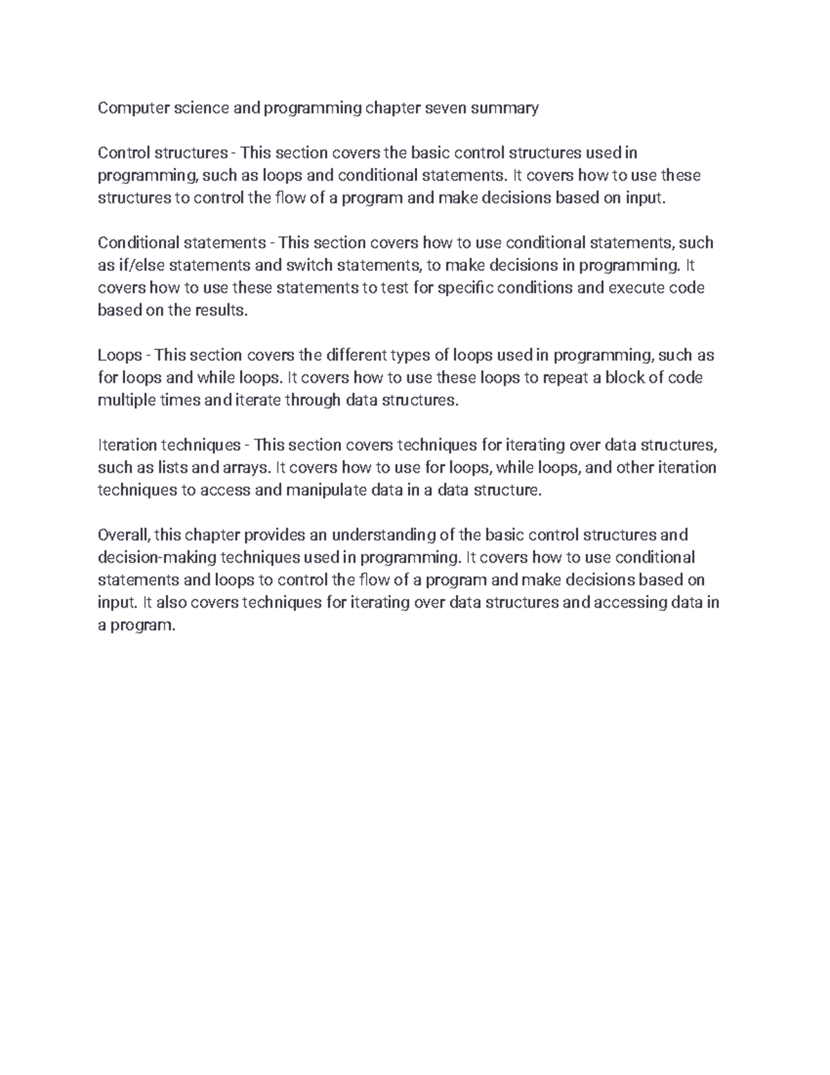 Computer science and programming chapter seven summary - It covers how ...