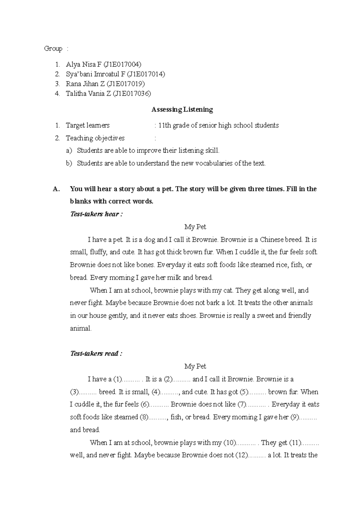 Assessing Listening - Group : Alya Nisa F (J1E017004) Sya’bani Imroatul ...